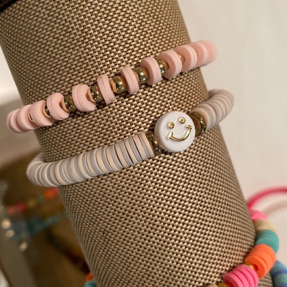 Jewelry | Gold Light Pink Grey Beaded Bracelet Set White Gold Smiley ...